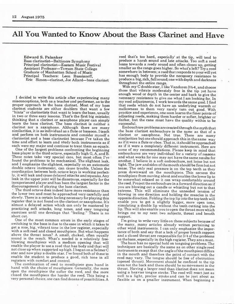 Reprints from Early Years of The Clarinet: Bass Clarinet ...